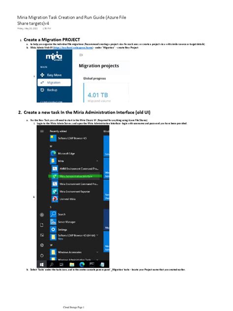 miria migration task creation and run guide azure file share targets