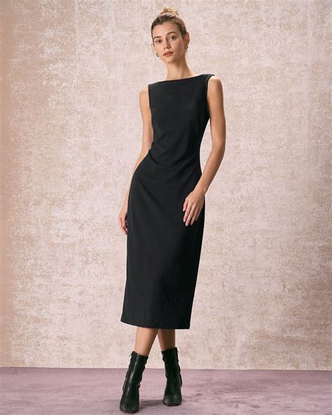 The Black Boat Neck Ruched Midi Dress Boat Neck Midi Dress Ruched