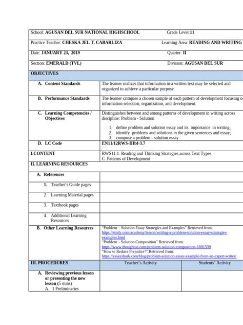 Lesson Plan Problem Solution Pdf