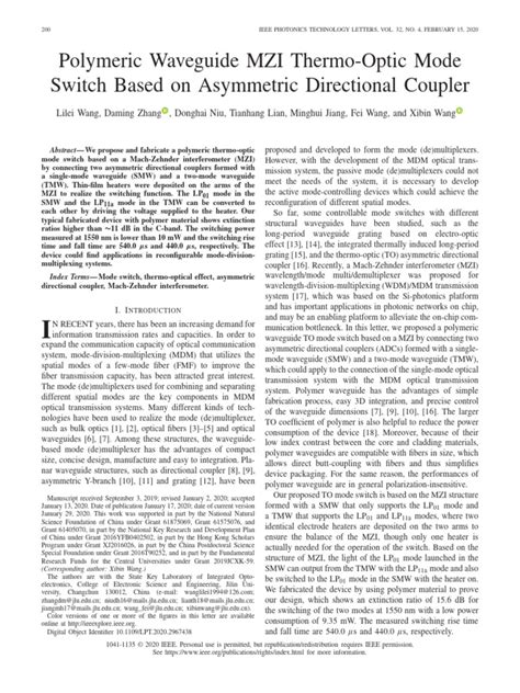 Polymeric Waveguide Mzi Thermo Optic Mode Switch Based On Asymmetric Directional Coupler2020