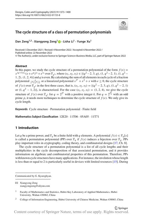 The Cycle Structure Of A Class Of Permutation Polynomials Request Pdf