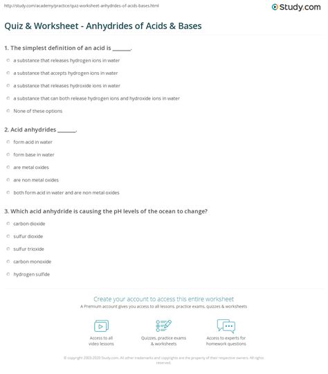 Quiz And Worksheet Anhydrides Of Acids And Bases