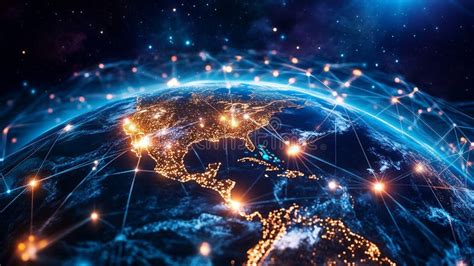 Illuminated Global Network View Showcasing Continents And Connectivity Ai Generated Stock