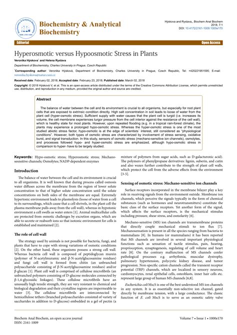 Pdf Hyperosmotic Versus Hypoosmotic Stress In Plants