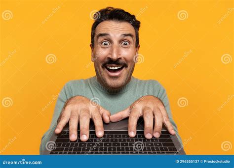 Glad Shocked Funny Senior European Man Typing On Keyboard Laptop With