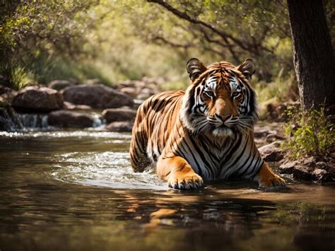 Premium Ai Image A Tiger In The Forest Near Water