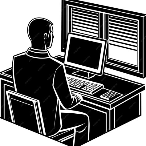 A Man Sits At A Desk In Front Of A Computer Monitor Premium Ai Generated Vector