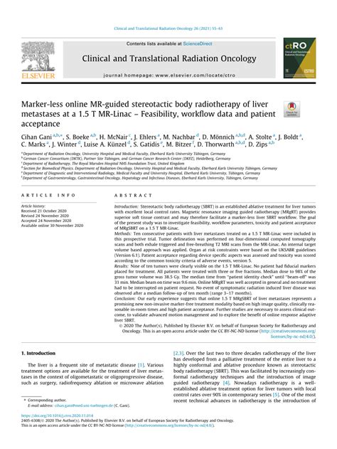Pdf Marker Less Online Mr Guided Stereotactic Body Radiotherapy Of Liver Metastases At A 15 T