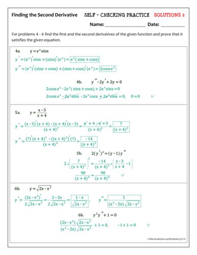 First And Second Derivatives Self Checking Practice Typed Solutions