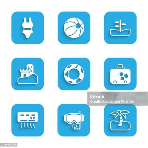 고무 수영 반지 다이빙 마스크 열 대 야자수 여행 가방 에어컨 모래성 도로 교통 표지판 및 수영복 아이콘을 설정합니다 벡터 가방에 대한 스톡 벡터 아트 및 기타 이미지