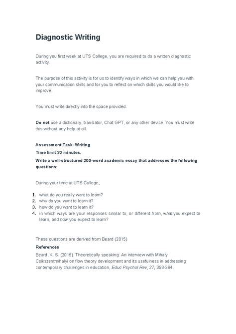 Diagnostic Writing Diagnostic Writing During You First Week At Uts College You Are Required