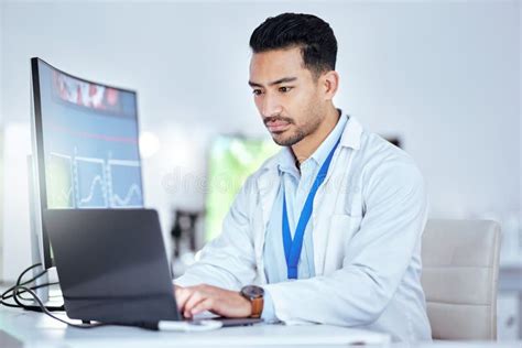 Science Asian Man And Typing On Laptop In Laboratory For Medical Planning Innovation And Data