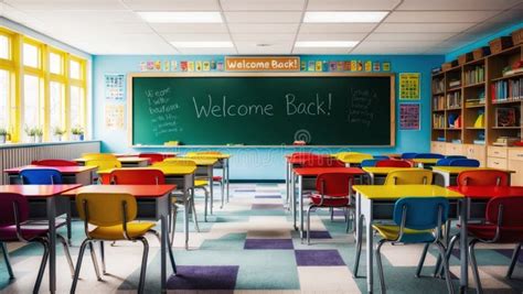 Empty Classroom Decorated With Colorful Desks Welcoming Students Back