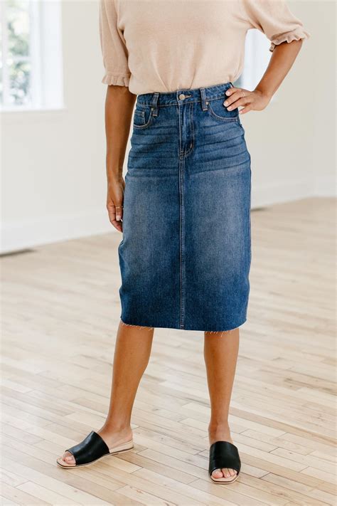 Rae High Waist Denim Skirt In Dark Wash Denim Skirts Knee Length
