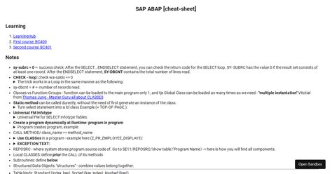 SAP Cheat Sheet Codesandbox