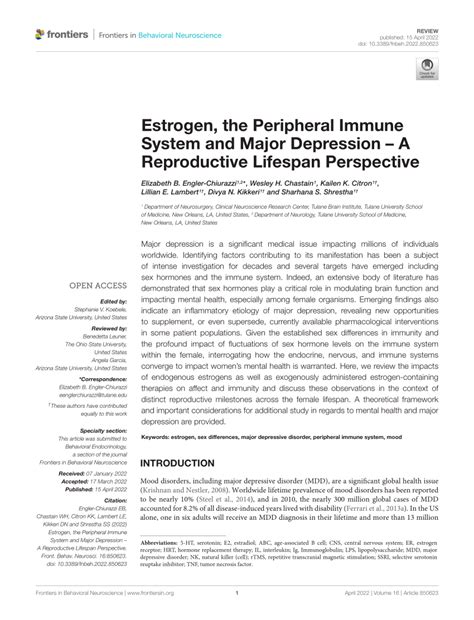 Pdf Estrogen The Peripheral Immune System And Major Depression A