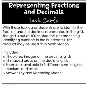 Representing Fractions And Decimals On Grids Task Cards By Dose Of Creativity