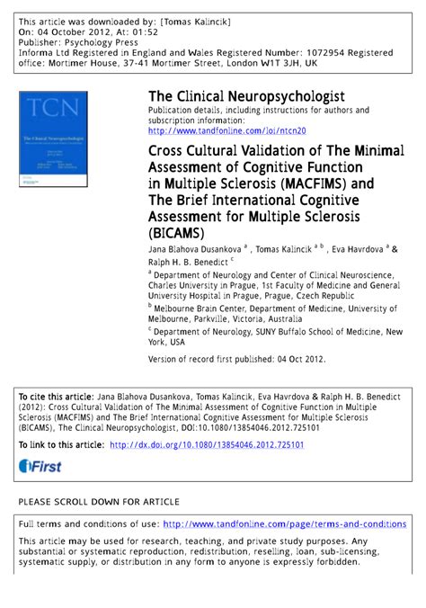 Pdf Cross Cultural Validation Of The Minimal Assessment Of Cognitive Function In Multiple