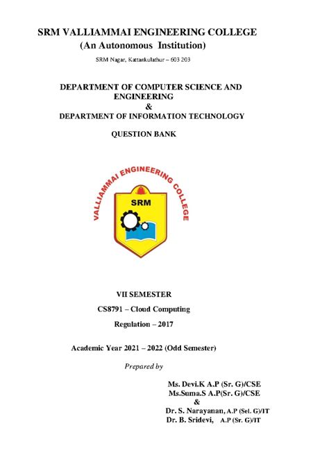 Cs8791 Cloud Computing Qb New Srm Valliammai Engineering College An