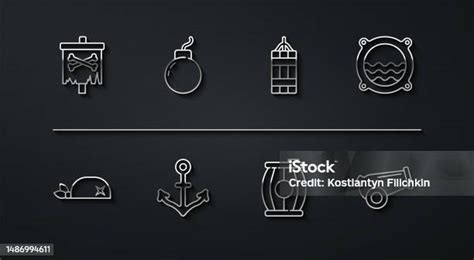 라인 해적 깃발 머리용 두건 바다 풍경이 있는 선박 현창 화약 배럴 닻 폭발 준비가 된 폭탄 대포 및 다이너마이트 폭탄 아이콘을 설정합니다 벡터 검은색에 대한 스톡 벡터