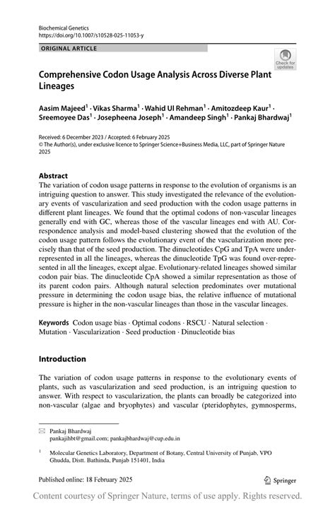 Comprehensive Codon Usage Analysis Across Diverse Plant Lineages