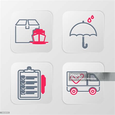 체크 표시 배송 목록 확인 우산 및 빗방울 및 화물선 상자 아이콘이 있는 라인 배달 트럭을 설정합니다 벡터 교정쇄에 대한 스톡