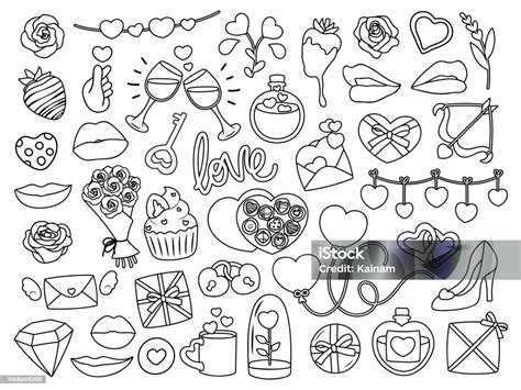 귀여운 간단한 발렌타인 데이 관련 아이템과 물건의 컬렉션입니다 색칠을 위한 흑백 벡터 삽화 2월에 대한 스톡 벡터 아트 및 기타 이미지 Istock