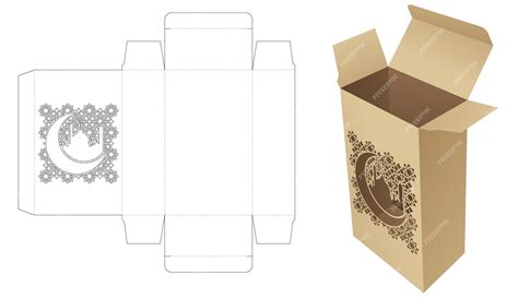 아랍어 패턴 창 다이 컷 템플릿 및 3d 모형이 있는 판지 상자 프리미엄 벡터