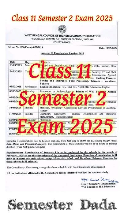 Class 11 Second Semester Exam Routine 2025 2nd Semester Exam Date 2025 Semester 2 Wbchse Youtube