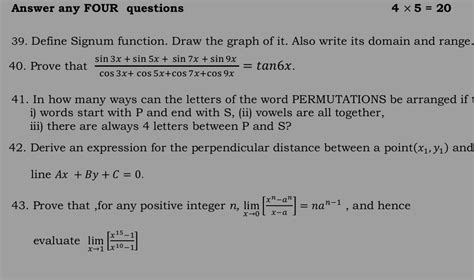 Answer Any Four Questions4×52039 Define Signum Function Draw The Gra