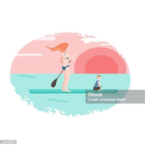 여름 방학 개념 소녀는 아이와 함께 서핑을 항해하고 있습니다 서핑에 소녀 해질녘 여름 플랫 스타일의 벡터입니다 포스터 일러스트레이션에 적합합니다 개념에 대한 스톡 벡터 아트