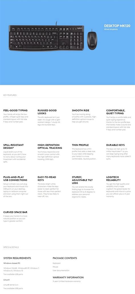 Logitech MK USB Wired Keyboard And Mouse Combo For Desktop Laptop PC Mac