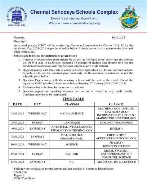 Cssc Common Exam Time Table 203 2024 Pdf Science