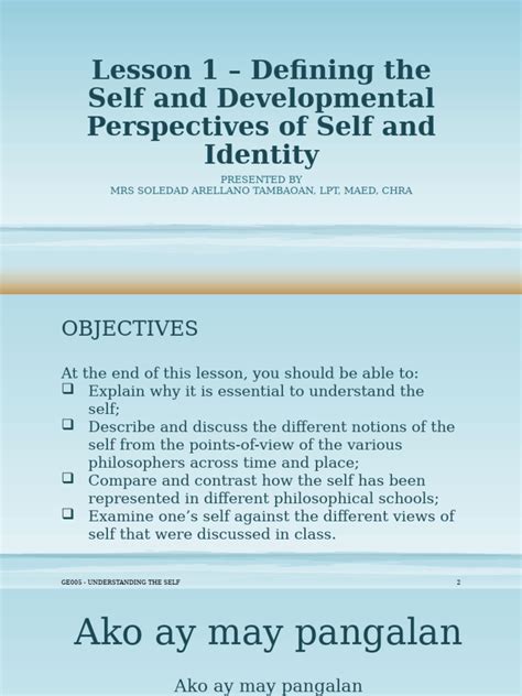 Lesson 1 Defining the Self and Developmental Perspectives of Self and ...