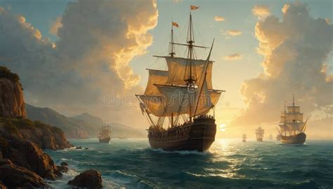 Ships Sail Across Ocean At Sunset Christopher Columbus Fleet Explores