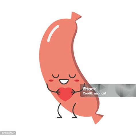 소시지 만화 캐릭터 사랑 기호 심장 좋아하는 귀여운 쾌활한 웃는 얼굴 행복한 기쁨 감정 아이콘 패스트 푸드 벡터 일러스트 레이