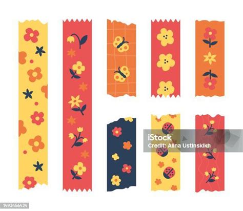 화려한 무늬의 와시 테이프 스트립과 꽃 장식이 있는 덕트 종이 조각의 세트 0명에 대한 스톡 벡터 아트 및 기타 이미지 0명