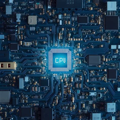 Top Down Circuit Board View Blue Glowing Cpu Surrounded By Components Stock Illustration