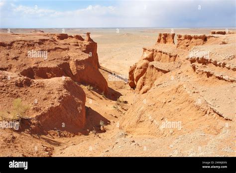 View On Bayanzag Flaming Cliffs On The Mongolian Gobi Desert Containing Fossils Of Jurassic