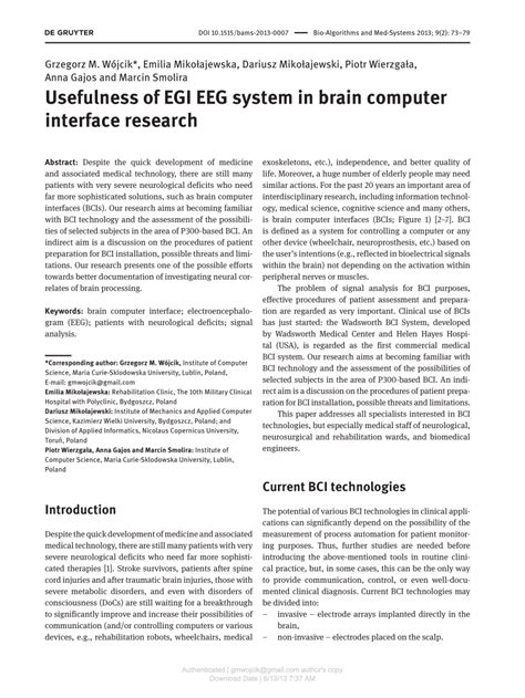 Pdf Usefulness Of Egi Eeg System In Brain Computer Interface Research