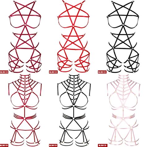 핑크 고스 펜타그램 바디 하네스 펑크 폴 댄스 하네스 브래지어 레이브 레그 가터 벨트 속박 섹시한 란제리 여성용 바디