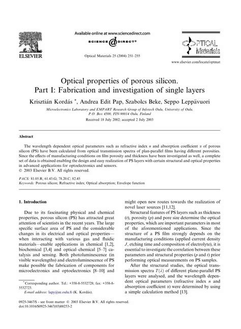 Pdf Optical Properties Of Porous Silicon Part I Fabrication And