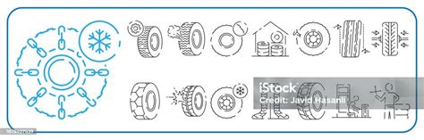 겨울용 타이어 또는 타이어 선형 아이콘입니다 자동차 서비스 가는 선 사용자 정의 그림 등고선 기호 벡터 격리 윤곽선 그리기 겨울철 추운 길 타이어에 대한 스톡 벡터 아트 및