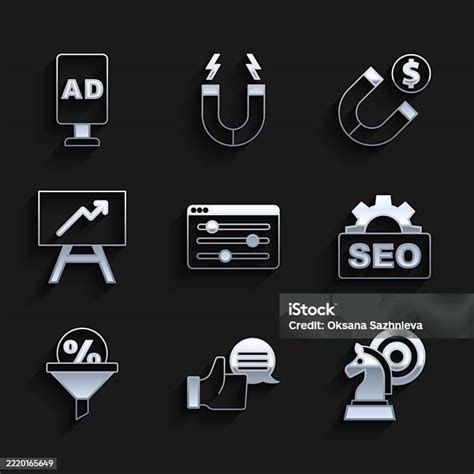 브라우저 설정 고객 제품 등급 체스 Seo 최적화 리드 관리 그래프 차트가 있는 보드 마그넷 머니 및 광고 아이콘을 설정합니다 벡터 5에 대한 스톡 벡터 아트 및 기타