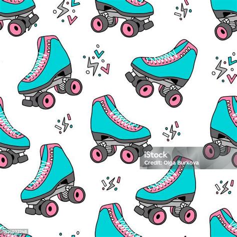 롤러 스케이트의 원활한 패턴 미적 스타일 1990년대 패션 벡터 빈티지 일러스트레이션 그래픽 티 총알 저널 커버 포장지를위한