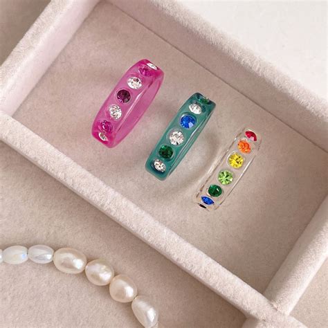 멀티 큐빅 라인 아크릴 링 반지 호마이카 우정 여름 선물 무지개 보석 청키 플라스틱 볼드