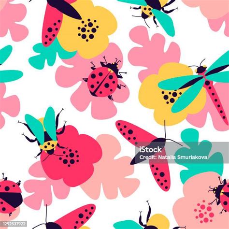 나비 범블비 잠자리 무당벌레 꽃 모티프 곤충클로즈업 원활한 패턴 나비에 대한 스톡 벡터 아트 및 기타 이미지 나비 모던 양식 벌 Istock