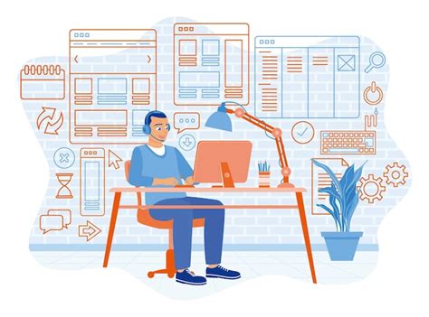 Premium Vector Man Using Headphones And Working In Front Of Computer Developing A Website On A