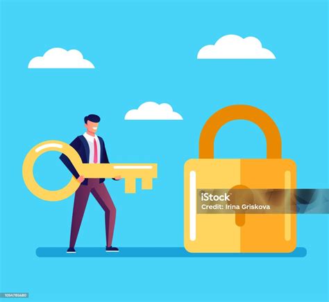 리치 사업 사무실 작업자 문자 지주 골든 키를 비밀 잠금 및 데이터의 잠금을 해제 합니다 성공 개념을 키입니다 벡터 평면 그래픽 디자인 일러스트 레이 션 대형에 대한 스톡
