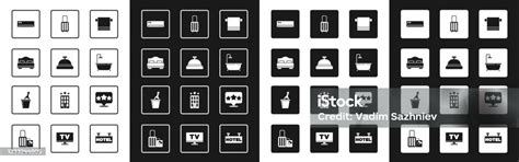 옷걸이에 수건 호텔 서비스 벨 룸 베드 에어컨 샤워 욕조 가방 별 등급 검토 및 샴페인 버킷 아이콘에 수건을 설정합니다 벡터 1위에 대한 스톡 벡터 아트 및 기타 이미지